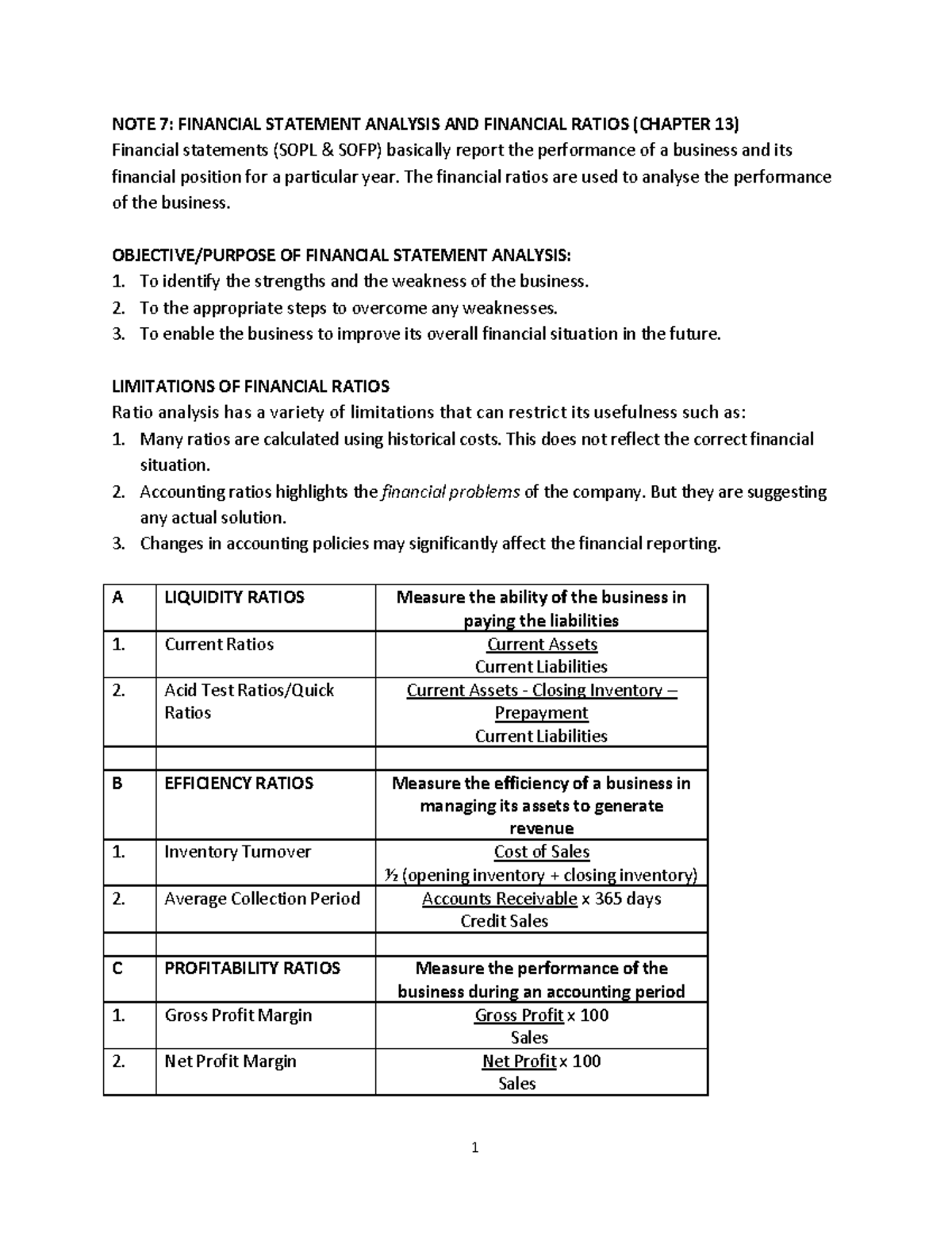 NOTE Financial Ratio - 1 NOTE 7: FINANCIAL STATEMENT ANALYSIS AND ...