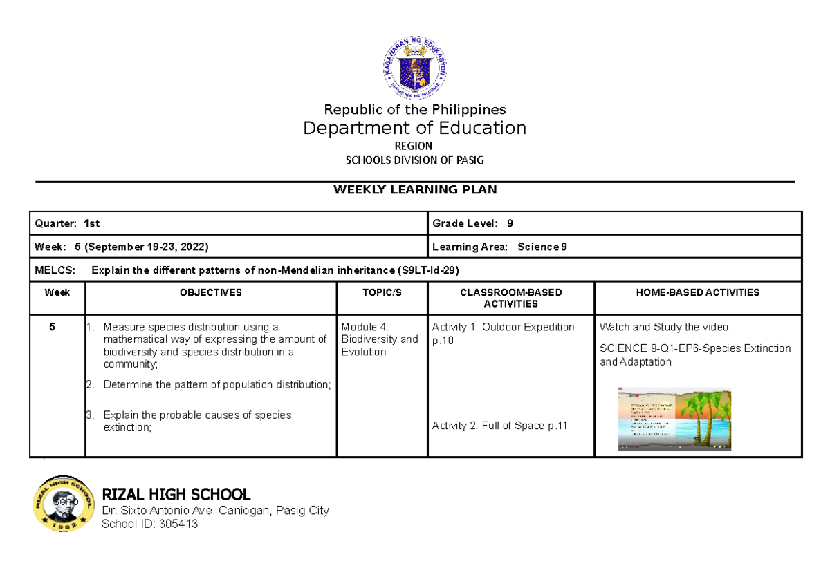 Weekly- Learning-PLAN-W5 Sci9 Q1 - Republic of the Philippines ...