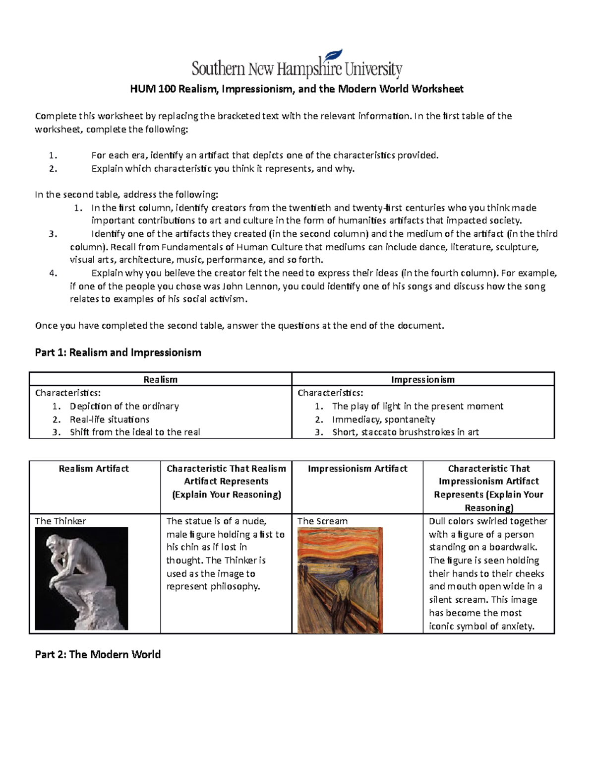 6-3 Worksheet Realism Impressionism and the Modern World - HUM 100 ...