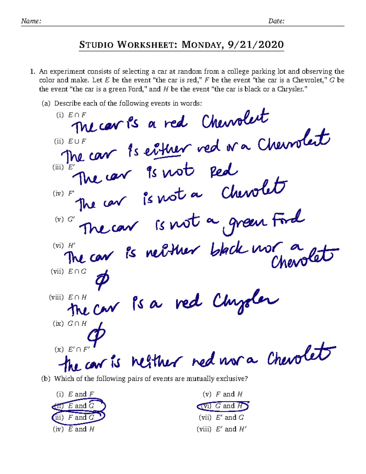 Studio 11 worksheet - Name: Date: STUDIO WORKSHEET:MONDAY,9/21/ An ...