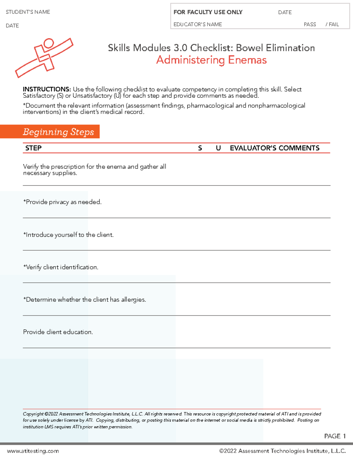 Skills Checklist Bowel Enema - PAGE 1 Copyright ©2022 Assessment ...