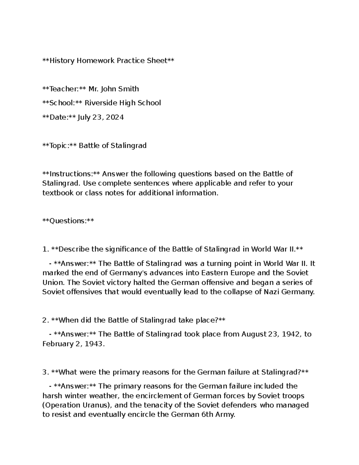 Battle of Stalingrad - homework - History Homework Practice Sheet ...