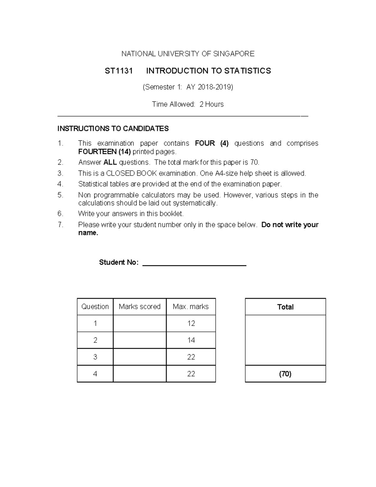 1819SEM1-ST1131 - PYP - NATIONAL UNIVERSITY OF SINGAPORE ST1131 INTRODUCTION TO STATISTICS ...