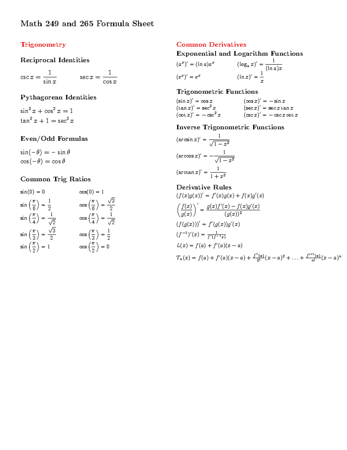 Math-249and265Formula Sheet - Math 249 and 265 Formula Sheet ...