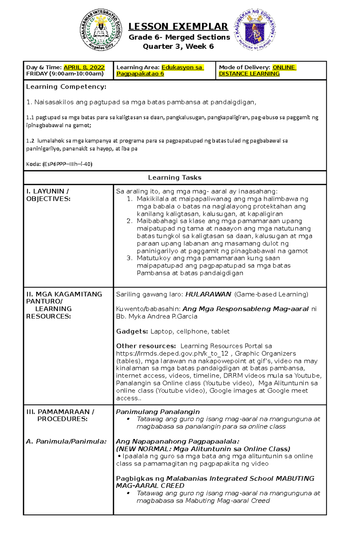 Myka Garcia ESP6Q3W6 Lesson Exemplar Template 1111 - LESSON EXEMPLAR ...
