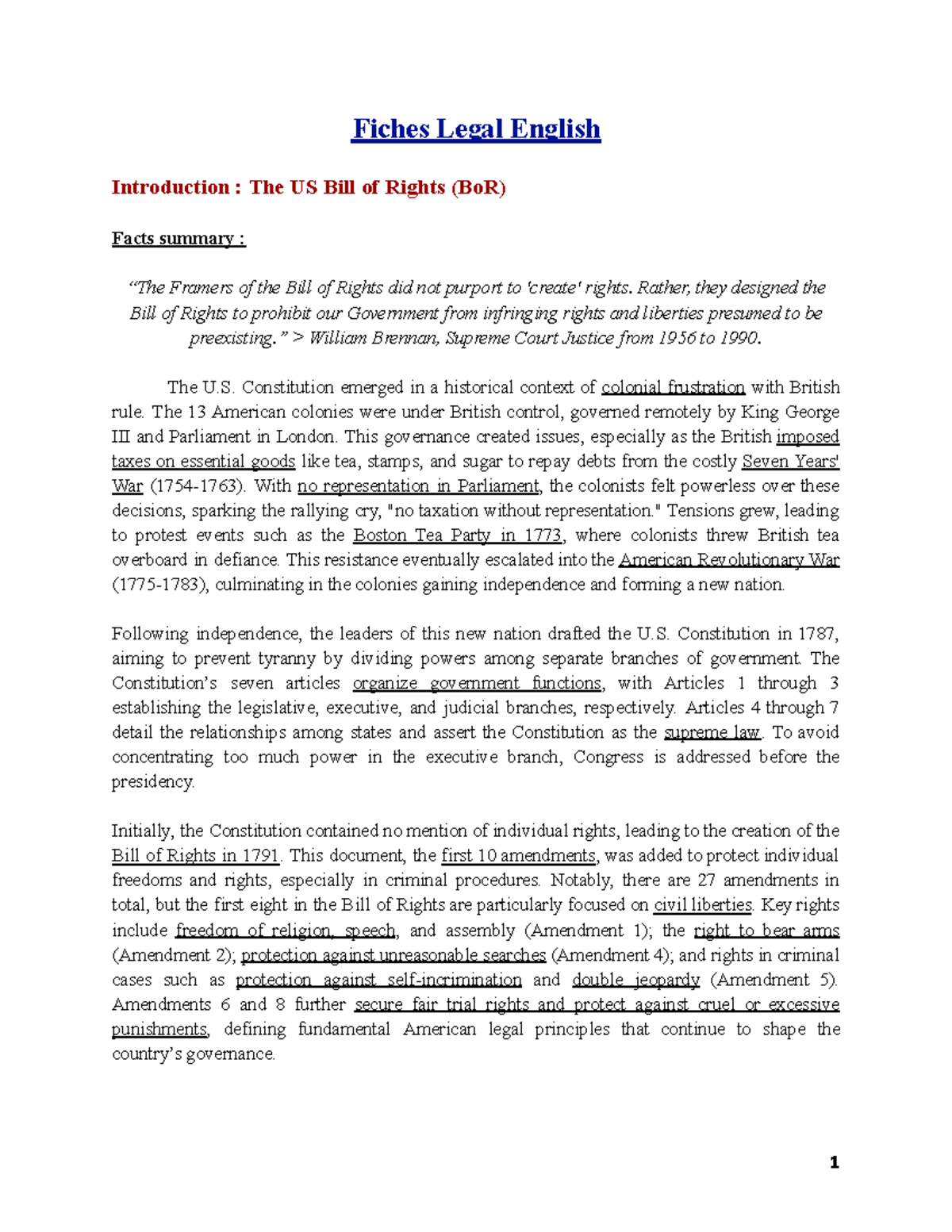 Fiches Legal English ver1 - Fiches Legal English Introduction : The US ...