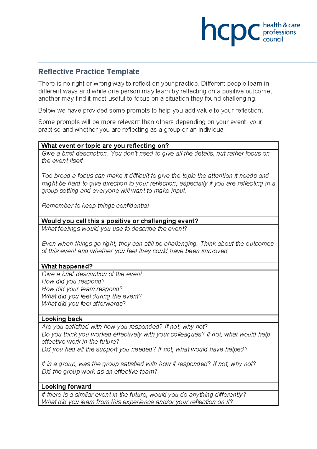 Reflective-practice-template hcpc - Reflective Practice Template There ...