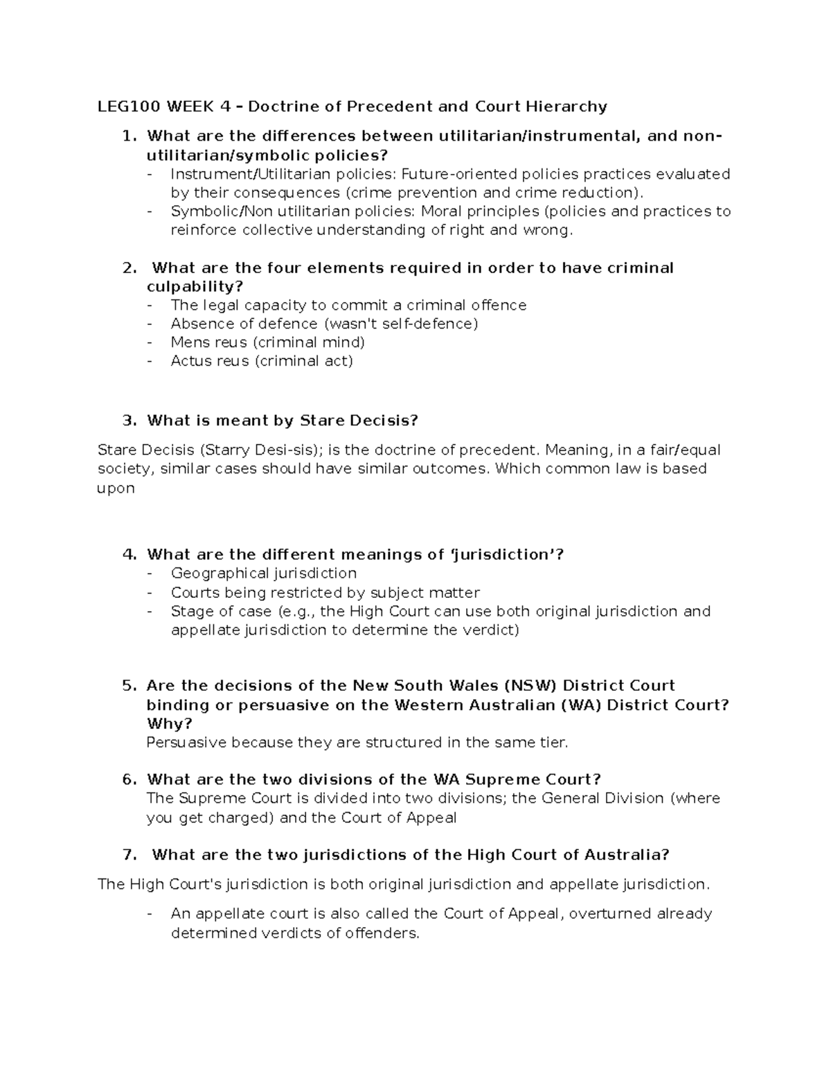 LEG100 TUT Questions - Complete notes for every week. I received a HD ...