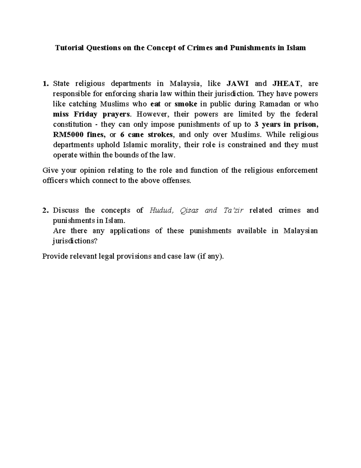 Tutorial Questions on the Concept of Crimes in Islam - Tutorial ...
