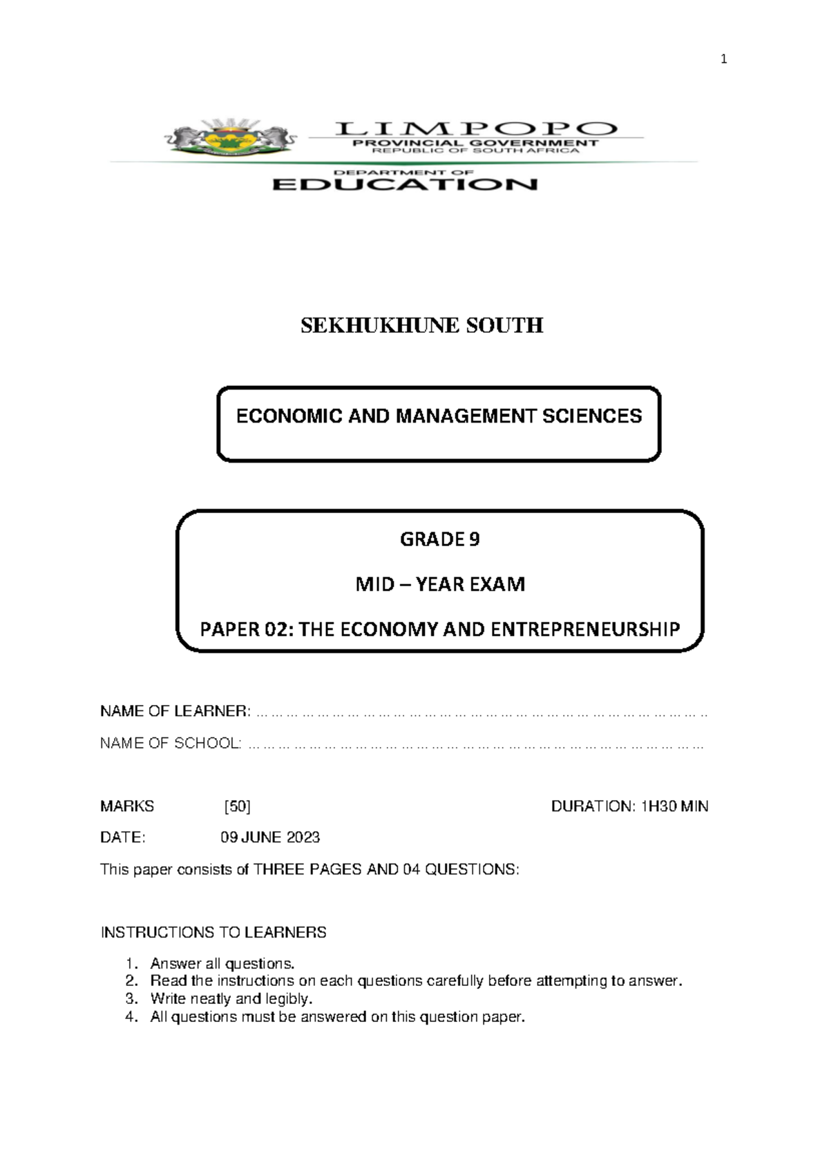 EMS Grade 9 MID -YEAR EXAM Paper TWO 2023 - SEKHUKHUNE SOUTH NAME OF ...