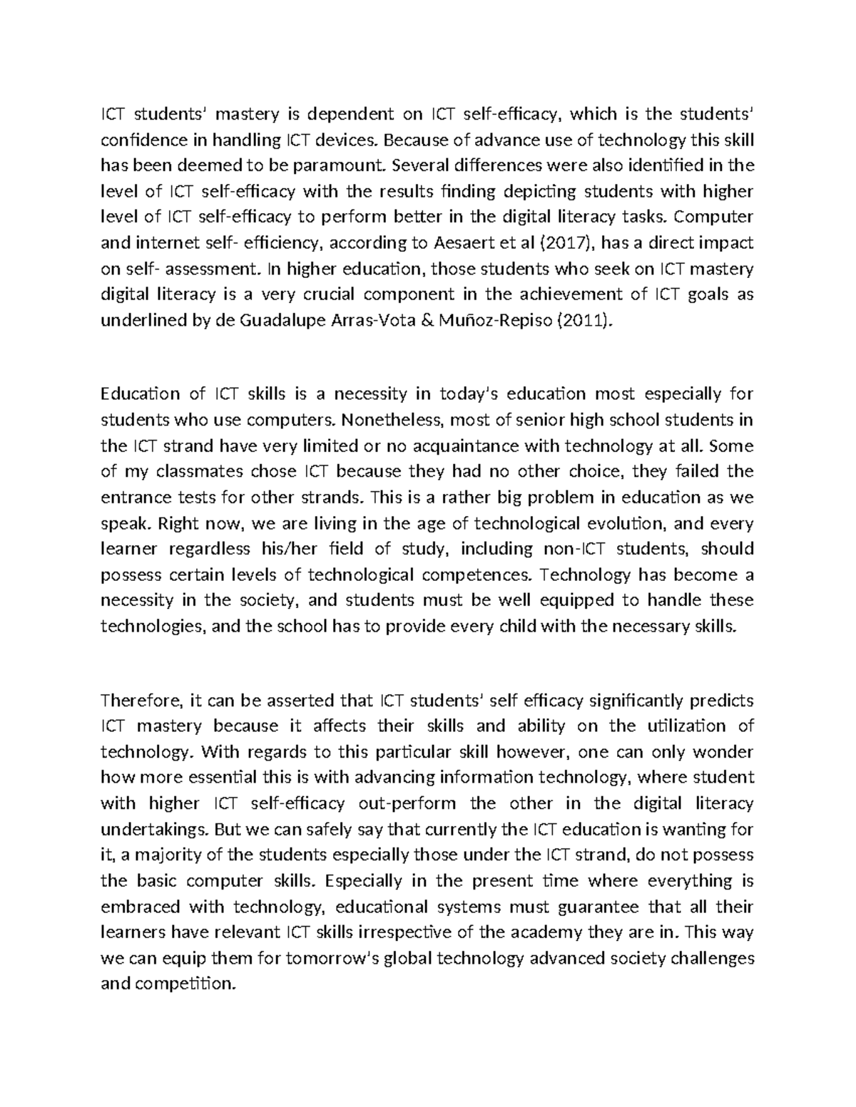 Essay about ICT Student's Mastery - ICT students’ mastery is dependent on ICT self-efficacy ...