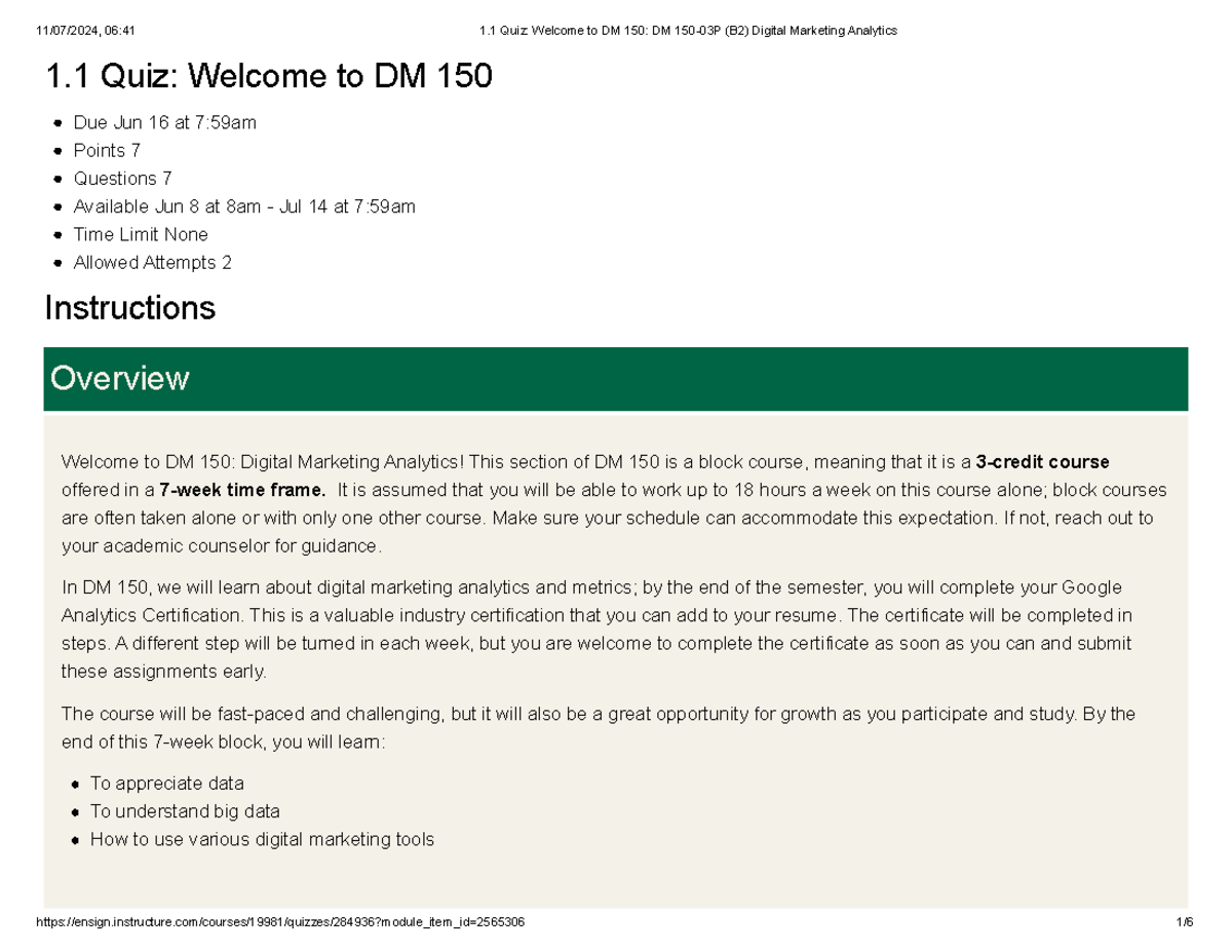 1.1 Quiz Welcome to DM 150 DM 150-03P (B2) Digital Marketing Analytics ...