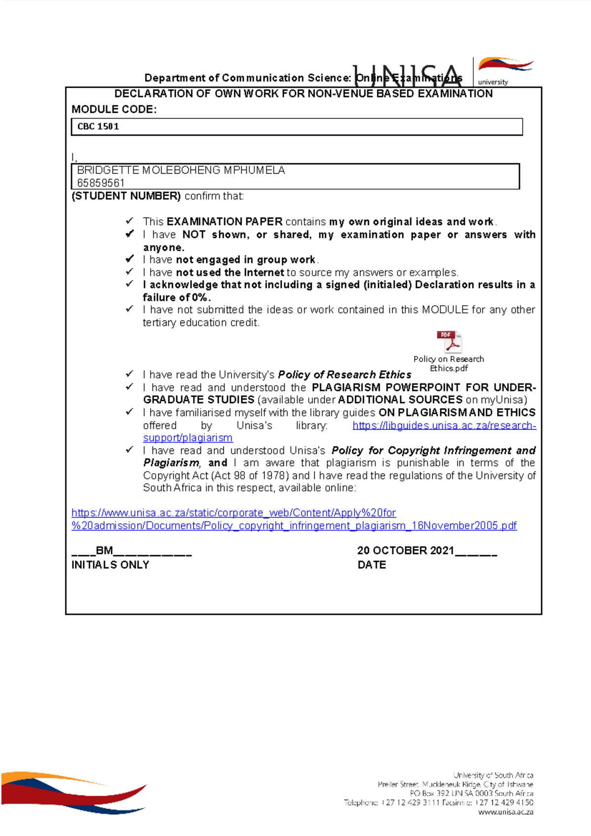 Declaration Undergrad NON- Venue final exams 17 Oct 2021 - Department ...