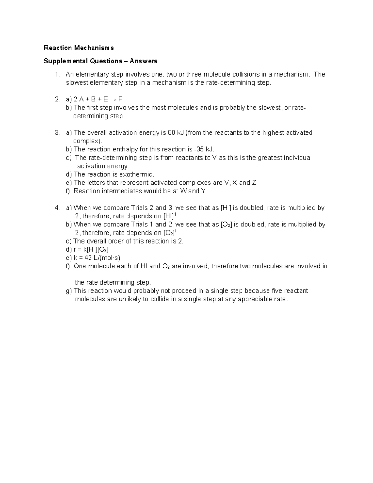 Reaction mechanisms - Reaction Mechanisms Supplemental Questions ...