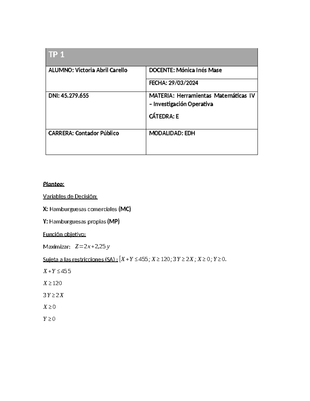 Modelo a completar TP1 - TP 1 ALUMNO: Victoria Abril Carello DOCENTE: Mónica Inés Mase FECHA: 29 ...