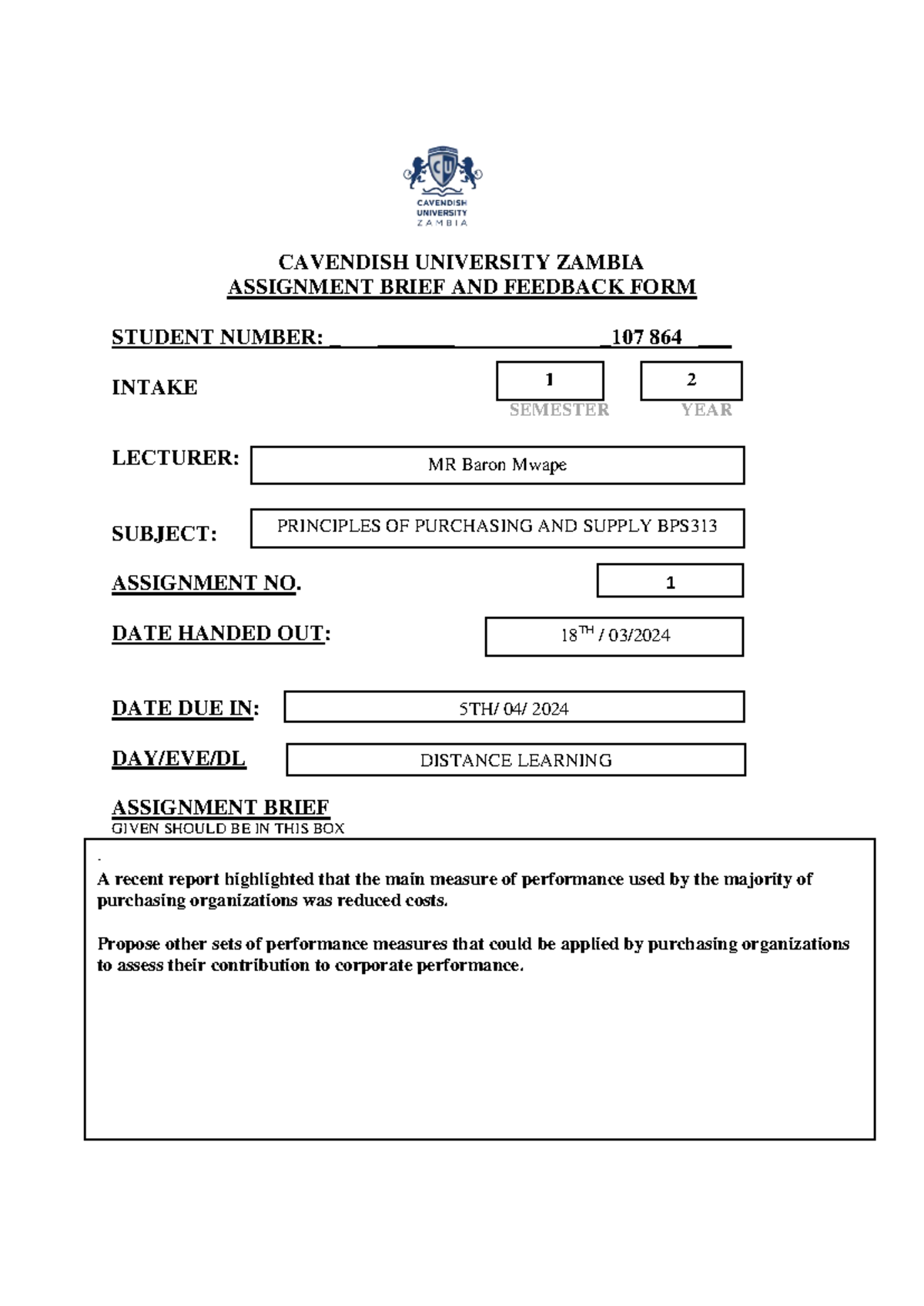 107864 Principles OF Purchasing AND Supply BPS313 Assignment - 1 . A recent report highlighted ...