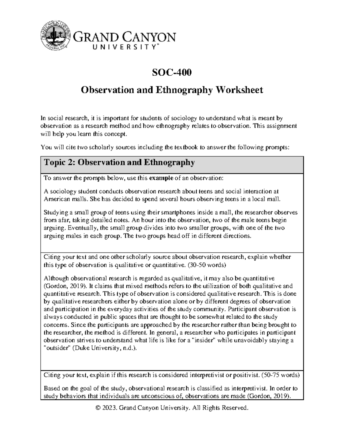 SOC-400.T2.Observationand Ethnography Worksheet - © 2023. Grand Canyon University. All Rights ...