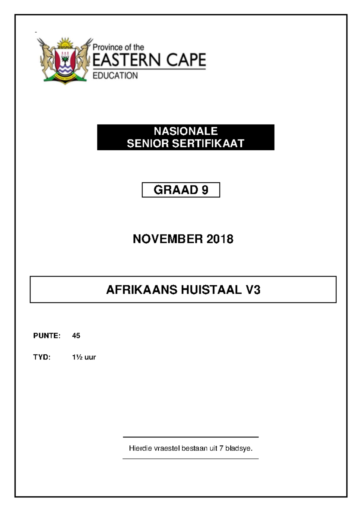 Afr HL P3 QP - V3 oefen vraestel - NASIONALE SENIOR SERTIFIKAAT GRAAD 9 ...