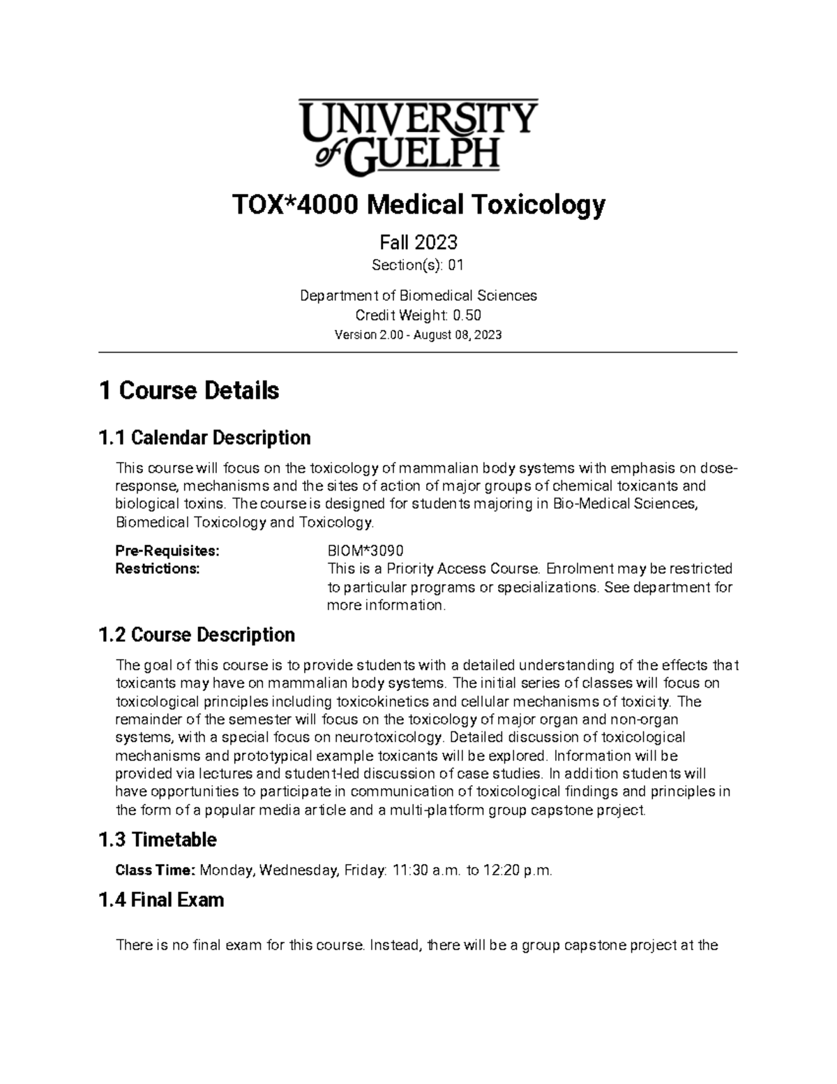 TOX 4000 Outline - TOX*4000 Medical Toxicology Fall 2023 Section(s): 01 ...