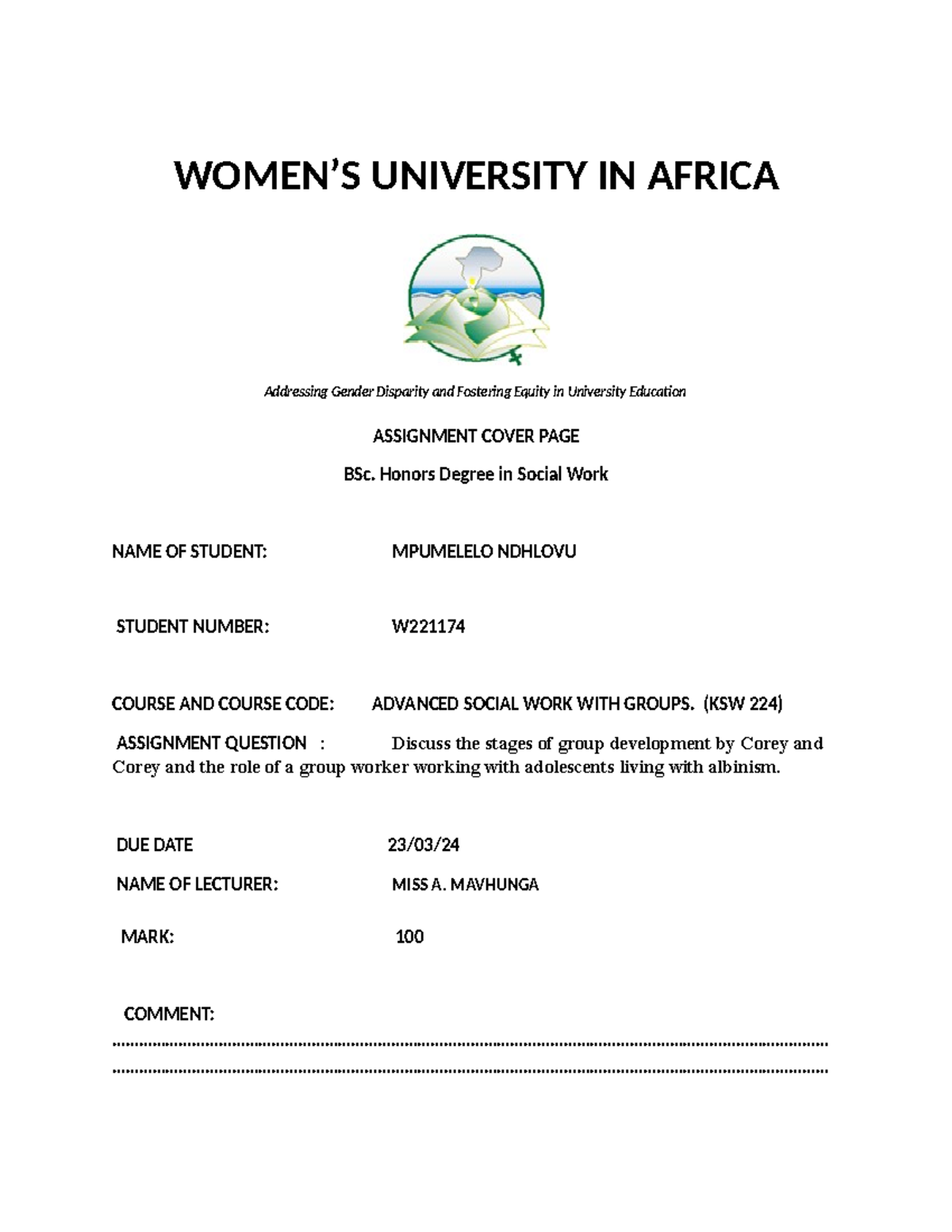 Group Individual Assignment - WOMEN’S UNIVERSITY IN AFRICA Addressing ...