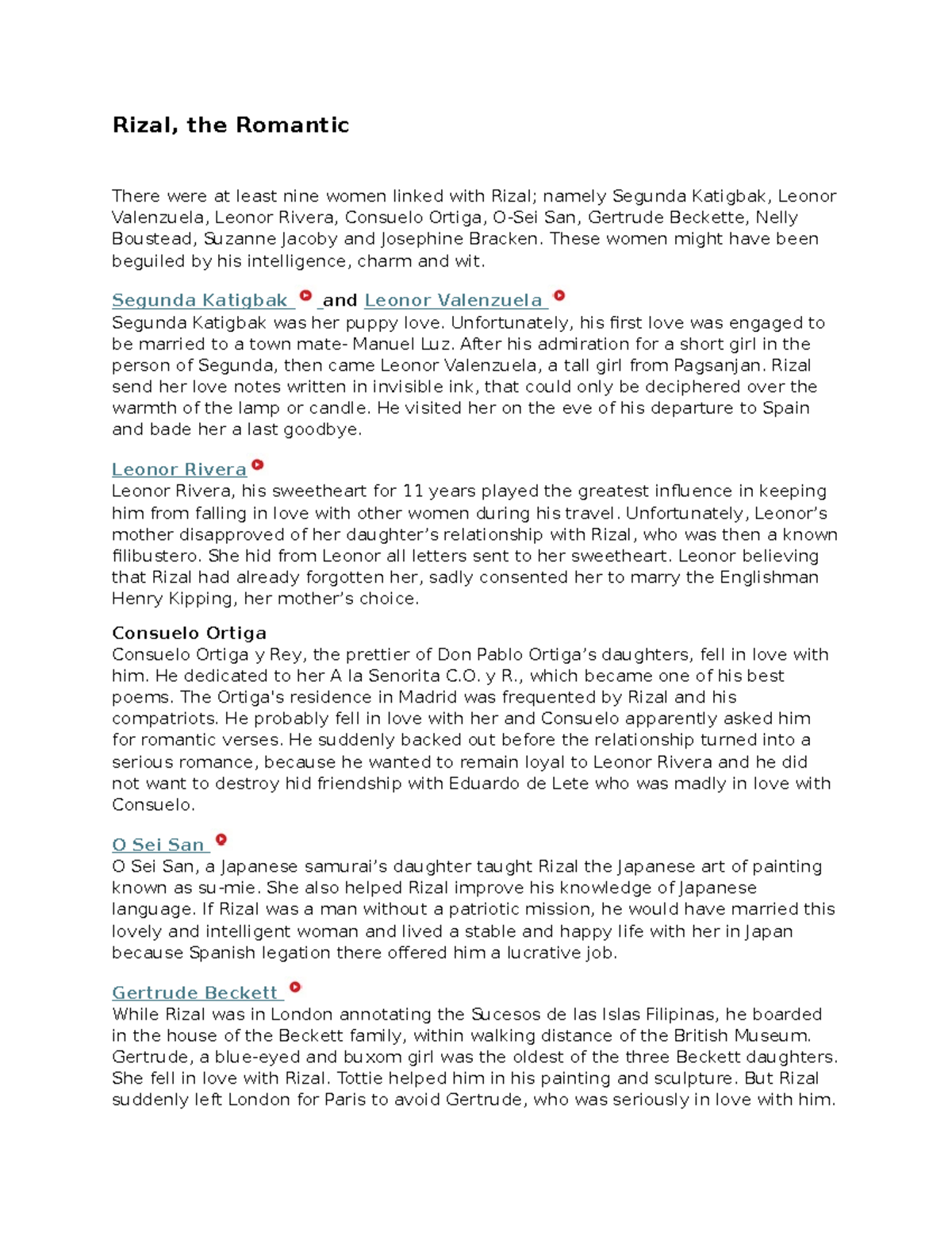 Rizal Love Life - Rizal, the Romantic There were at least nine women ...