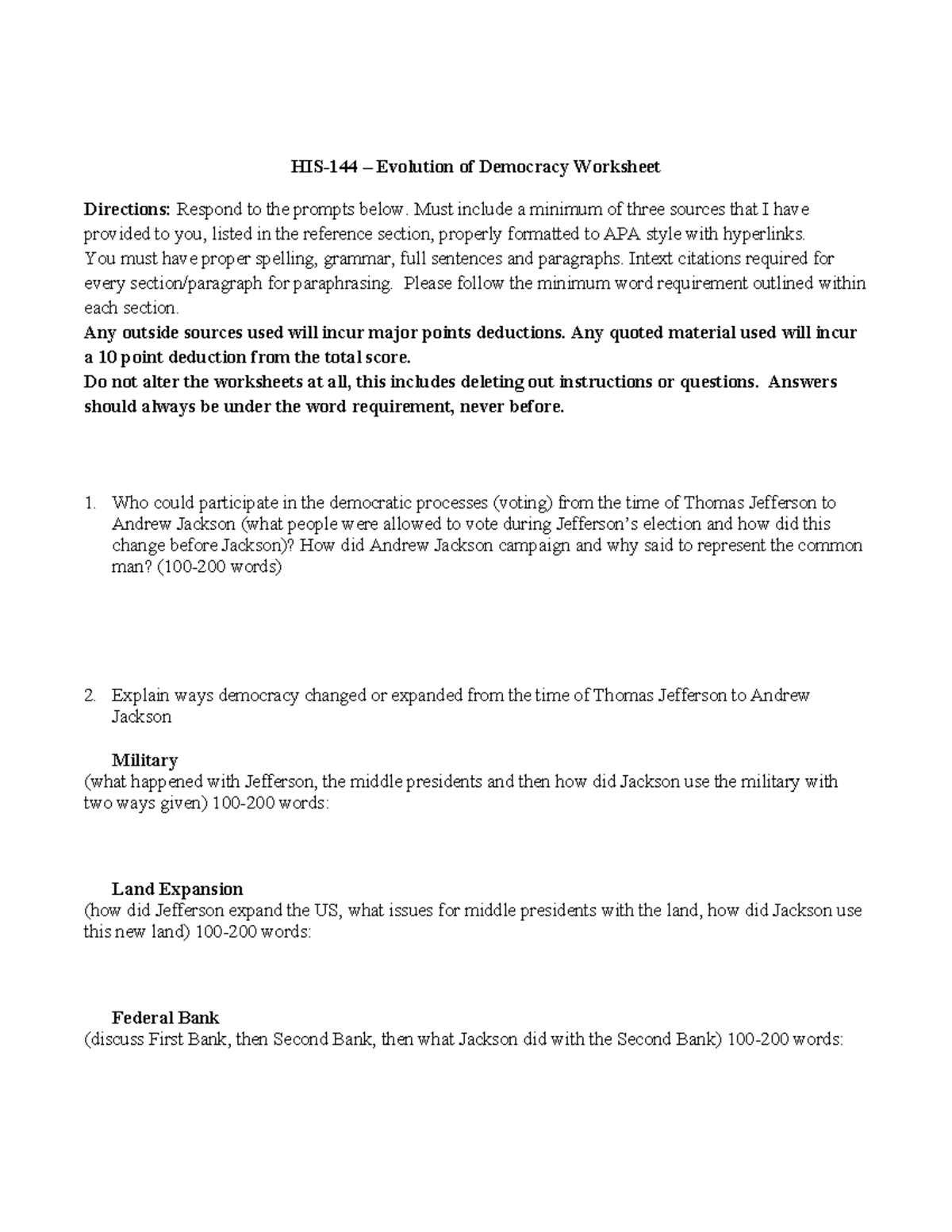 Worksheet For U.S. - HIS-144 – Evolution of Democracy Worksheet ...