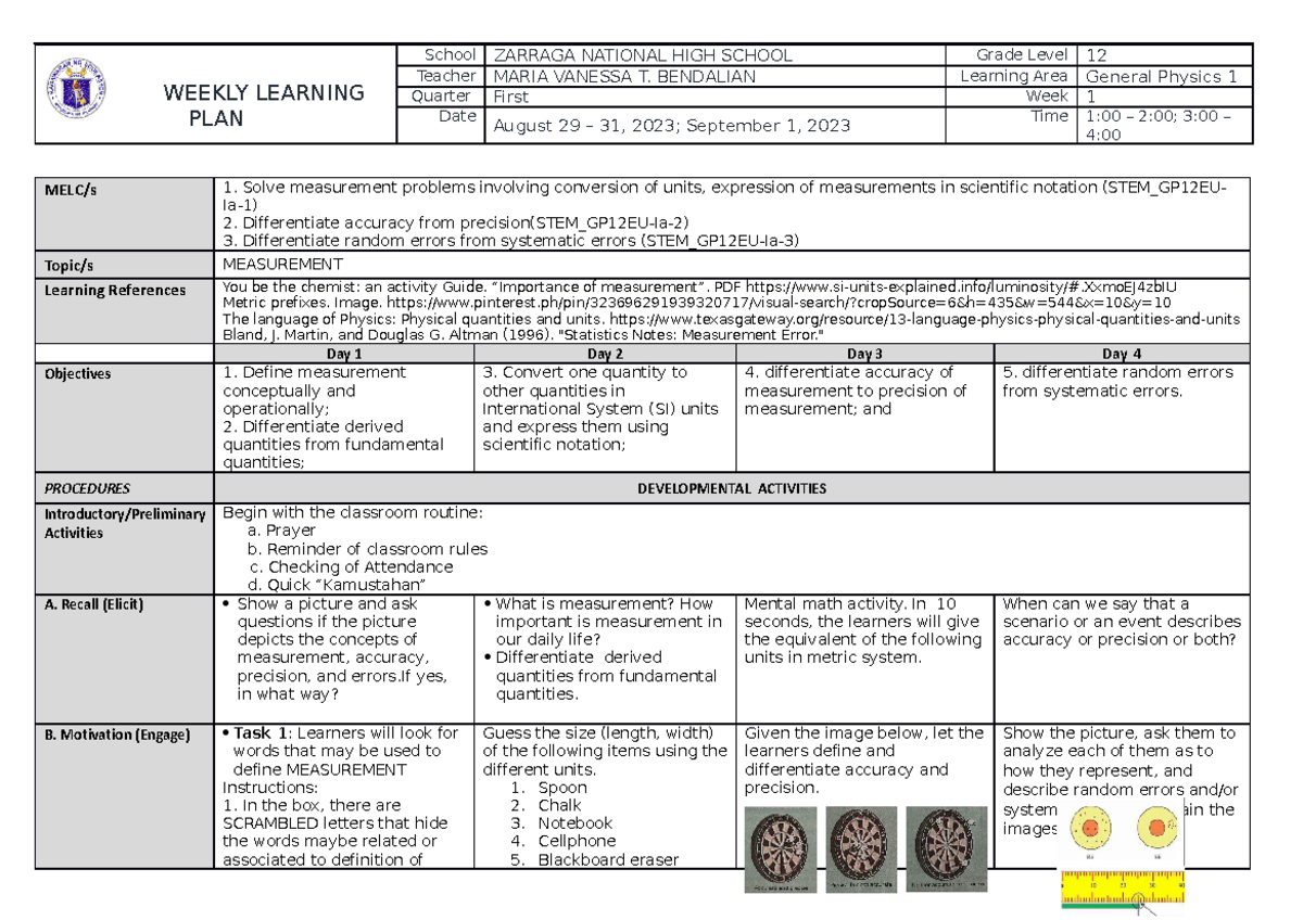 Weekly- Learning-PLAN - WEEKLY LEARNING PLAN School ZARRAGA NATIONAL ...