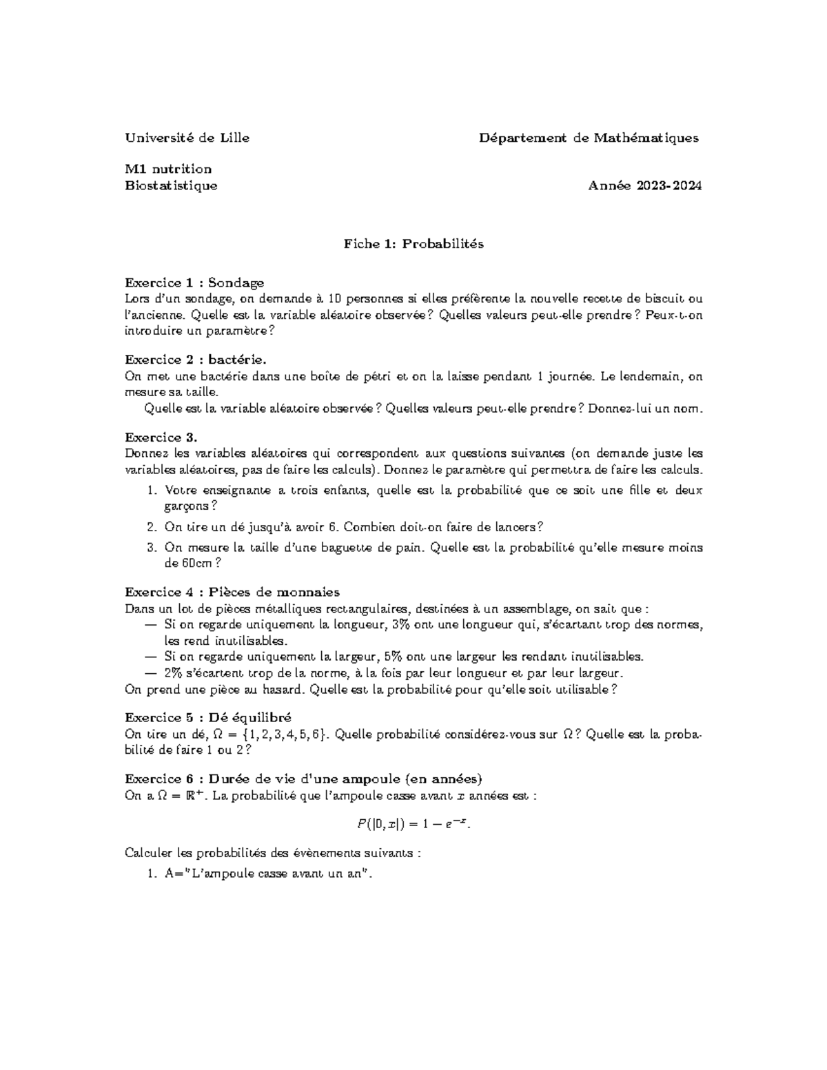Fiche 1 probabilites 2023 - Universit ́e de Lille D ́epartement de Math ...