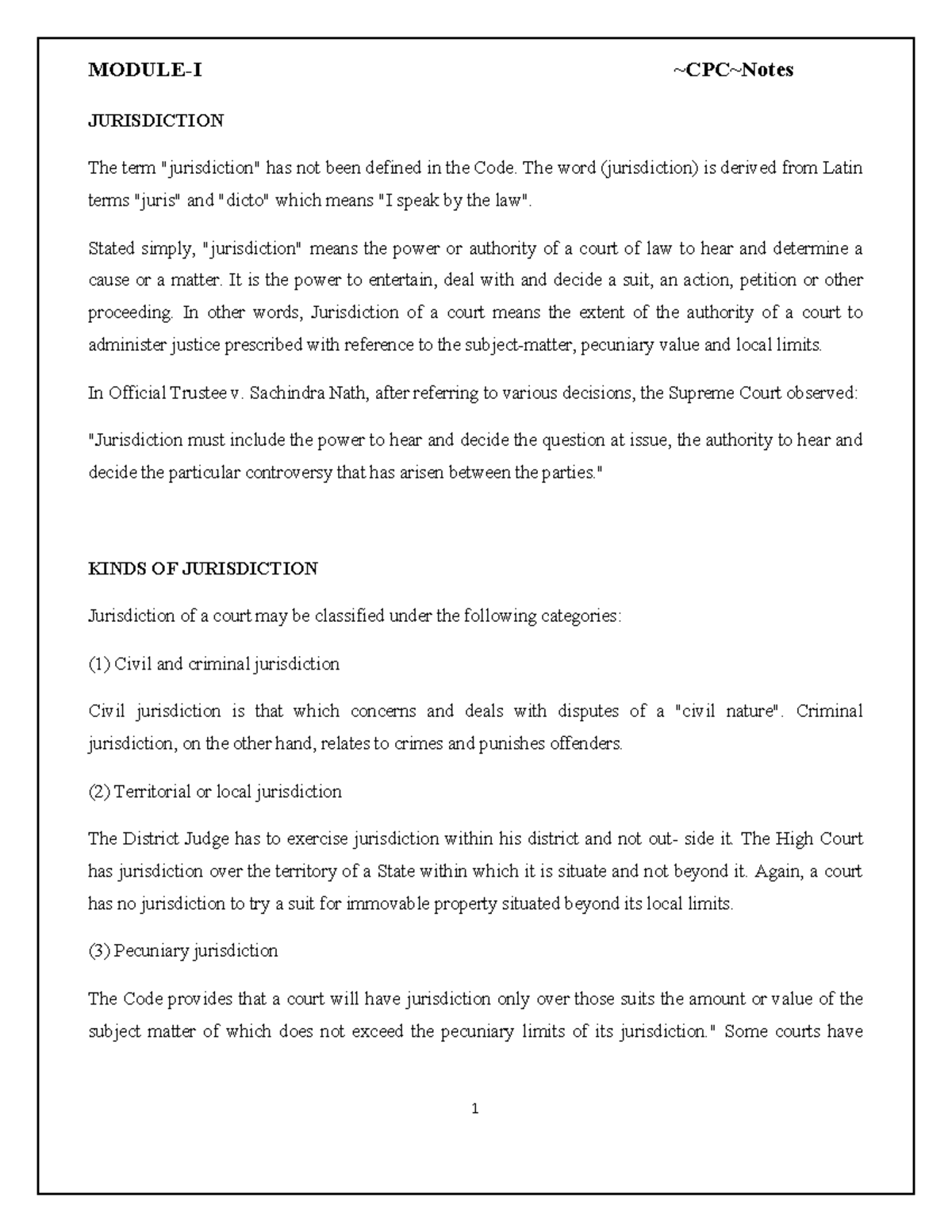 Module-I ~CPC~Note - CPC - MODULE-I CPCNotes JURISDICTION The term ...