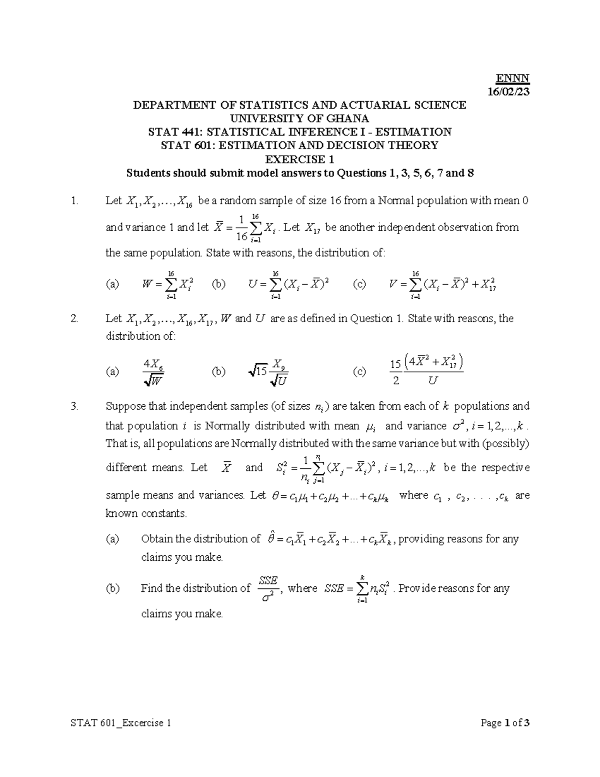 Stat 441 Stat 601 Exercise 1 2023 Stat 60 1 Excercise 1 Page 1 Of 3 Ennn 16 0 2 23