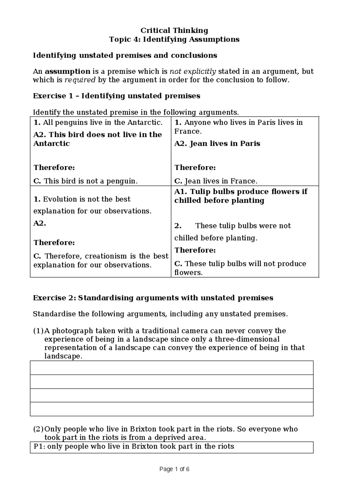 Tutorial 4 exercises (Updated S2 2023) - Critical Thinking Topic 4: Identifying Assumptions ...
