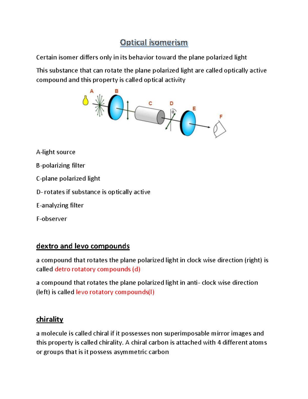 Optical isomerism - lecture notes - Certain isomer differs only in its ...