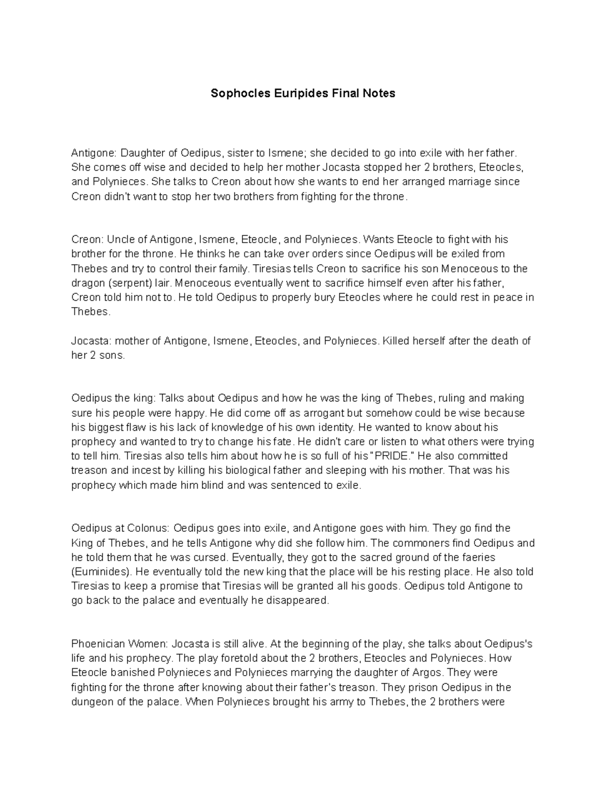 Notes for greek tragedy final - Sophocles Euripides Final Notes ...