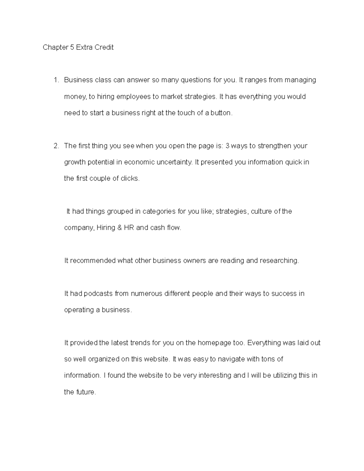 Chapter 5 Extra Credit - answers - Chapter 5 Extra Credit Business class can answer so many ...