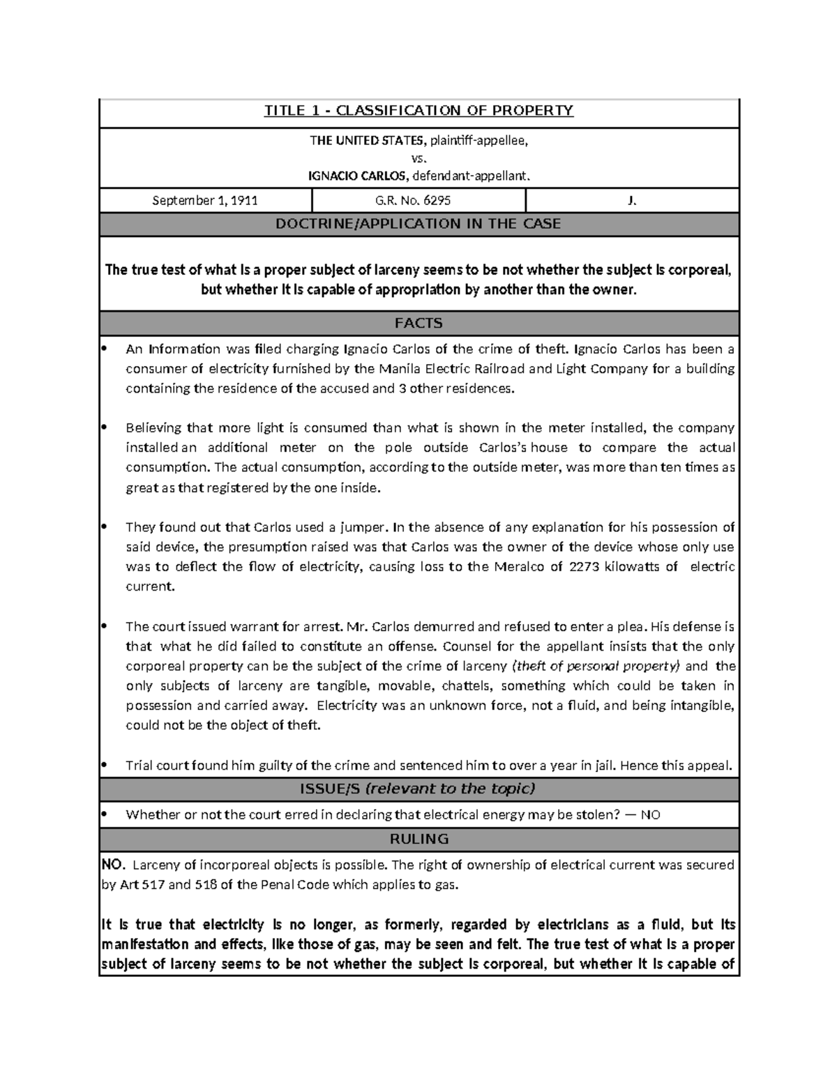 CASE 17 - US v. Carlos, GR. No. 6295 - TITLE 1 - CLASSIFICATION OF ...
