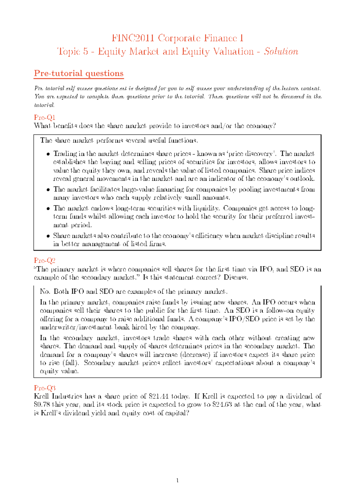 Topic 5 Equity Capital market and Equity Valuation Sol - FINC 2011 ...