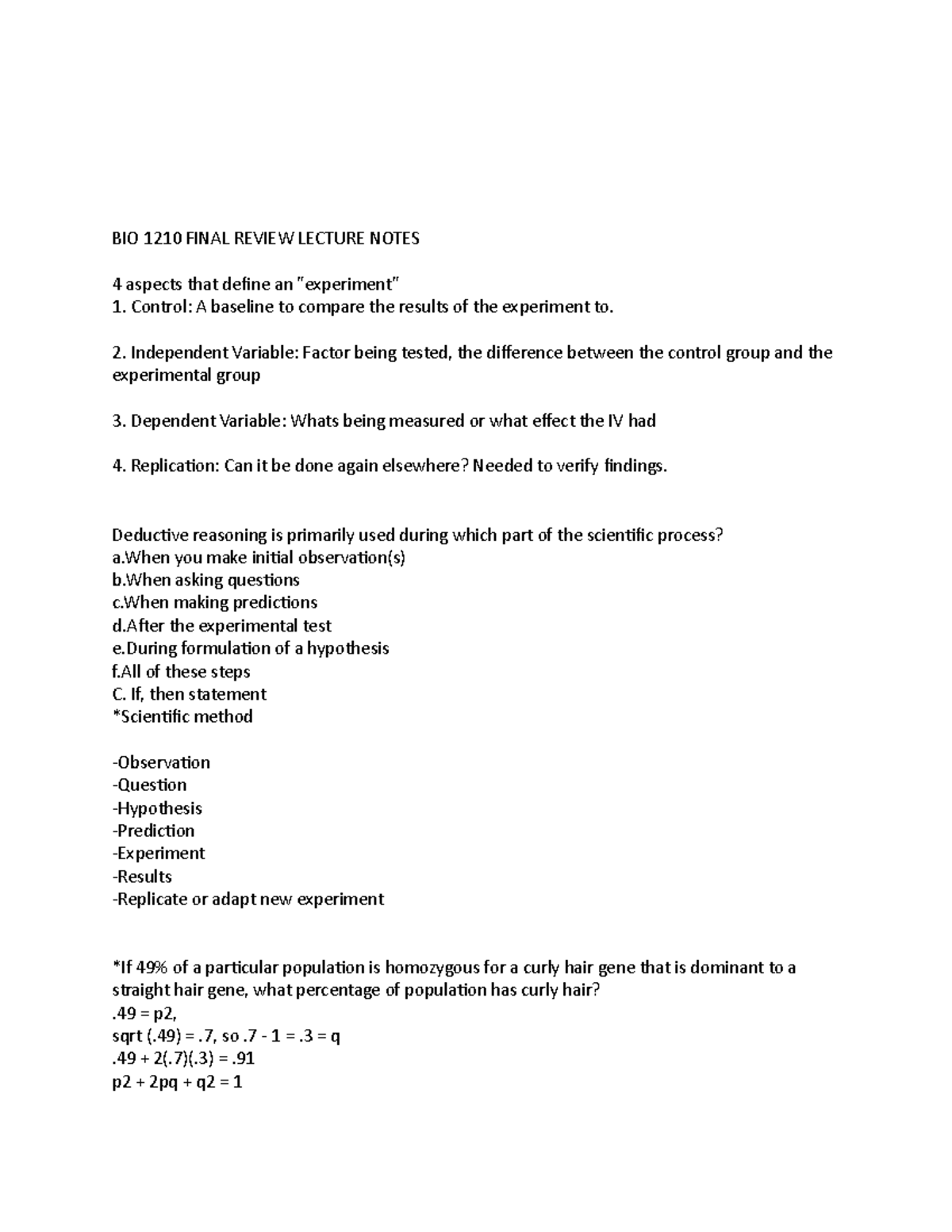 BIO 1210 Final Review Lecture Notes - BIO 1210 FINAL REVIEW LECTURE ...