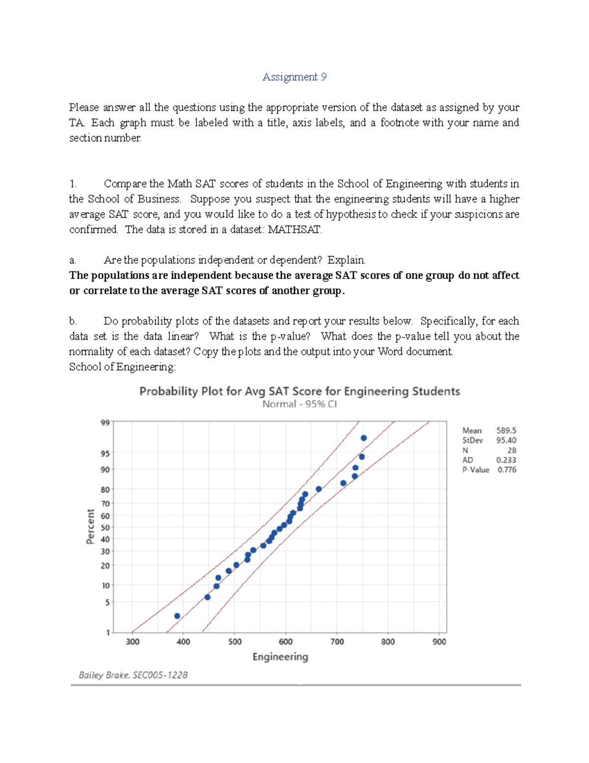 Minitab #9 Last One - Assignment 9 Please answer all the questions ...