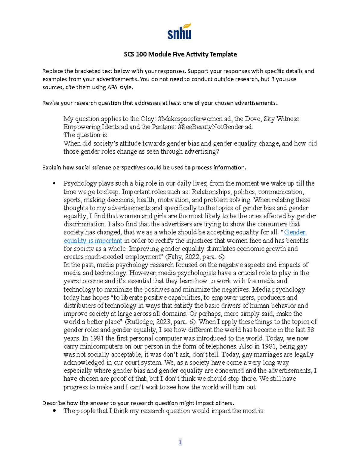 SCS 100 Module Five Activity Template - SCS 100 Module Five Activity Template Replace the ...