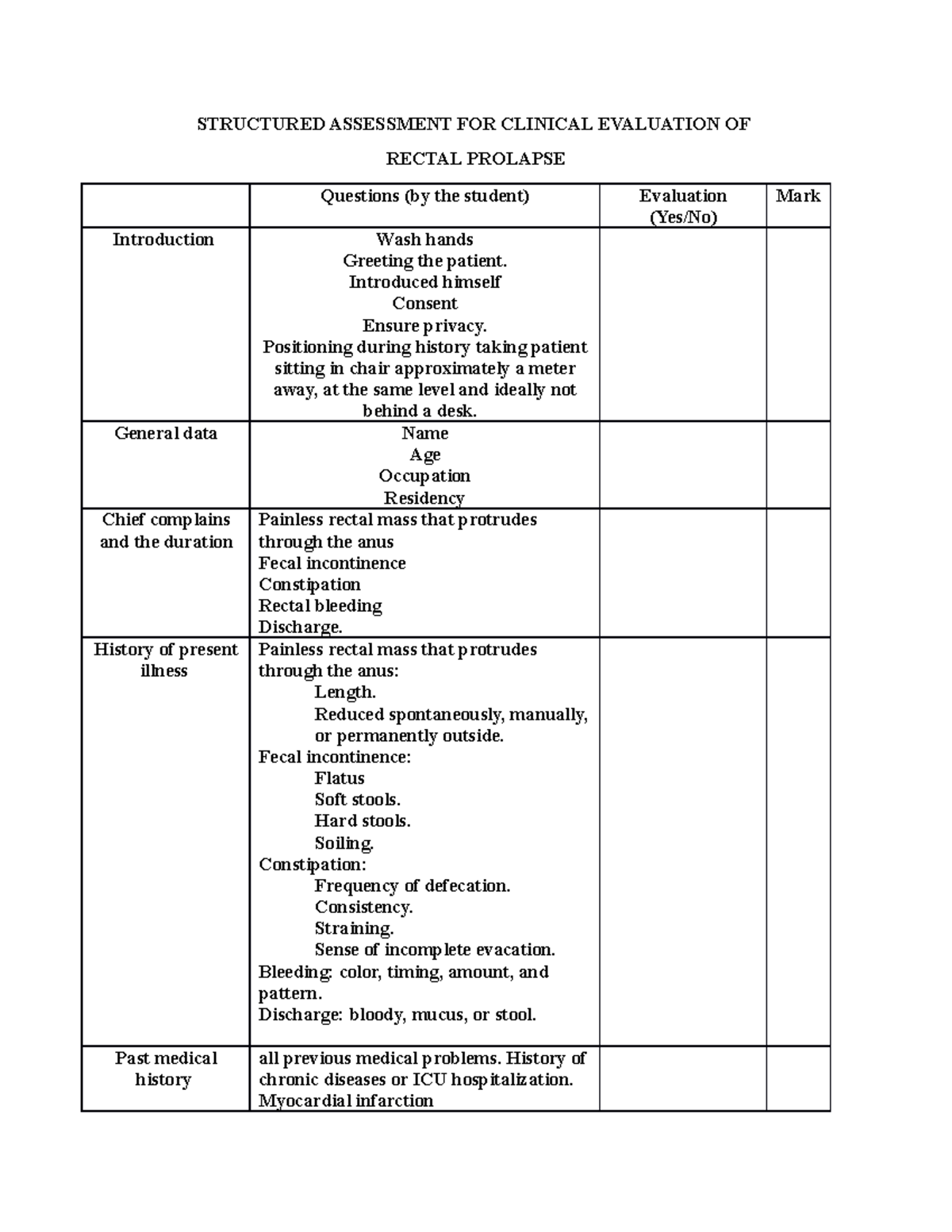 Checklist rectal prolapse - STRUCTURED ASSESSMENT FOR CLINICAL ...
