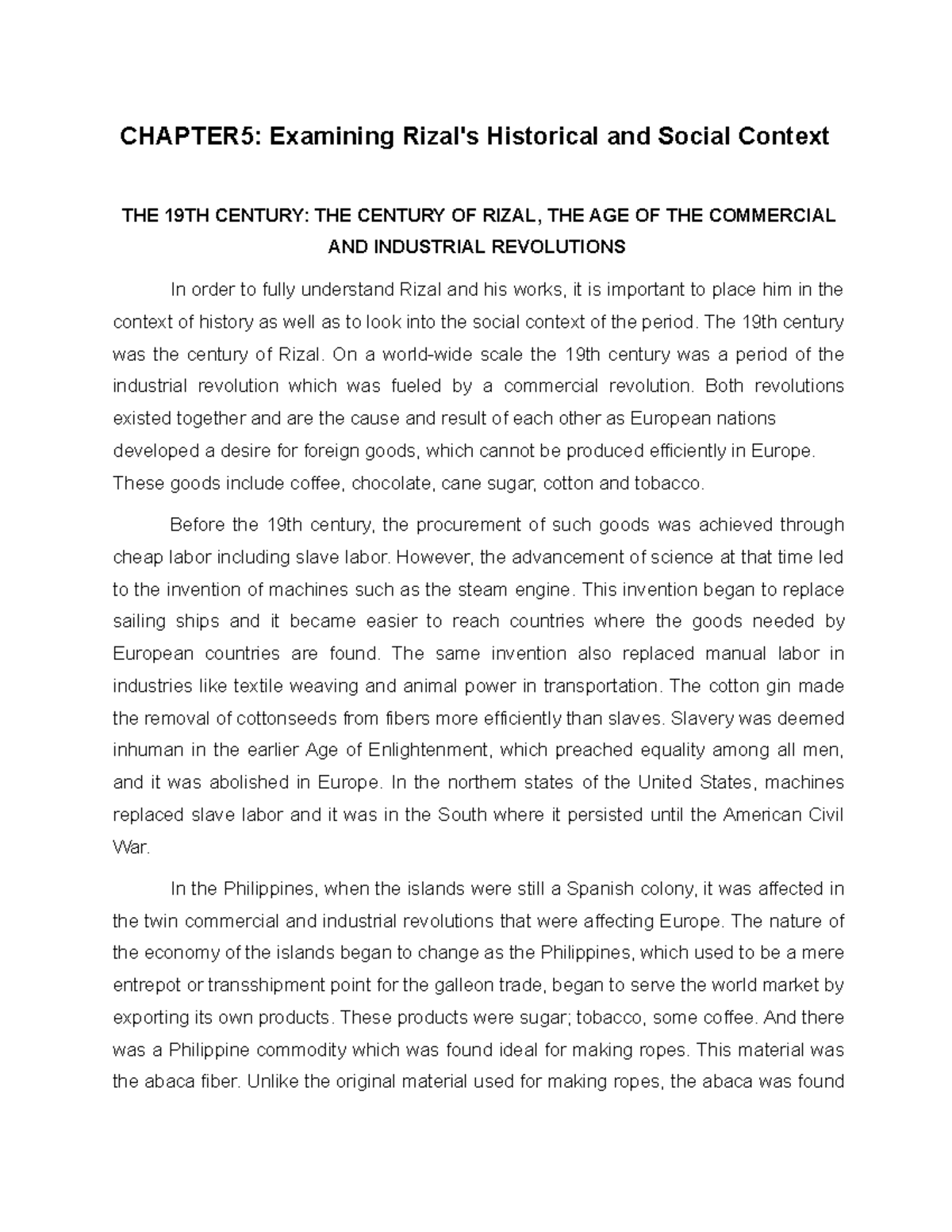 Chapter 5 Rizal - CHAPTER5: Examining Rizal's Historical and Social Context THE 19TH CENTURY ...