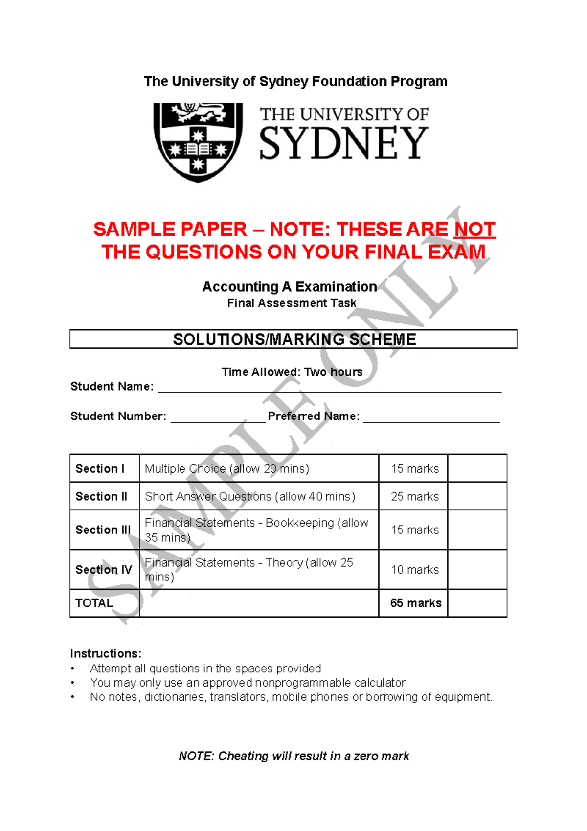 Accounting A Revision Final Exam Sample Paper Solution - The University ...