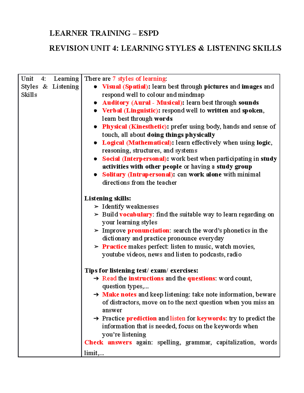 Learner Training - revision unit 4 - English Department - Studocu