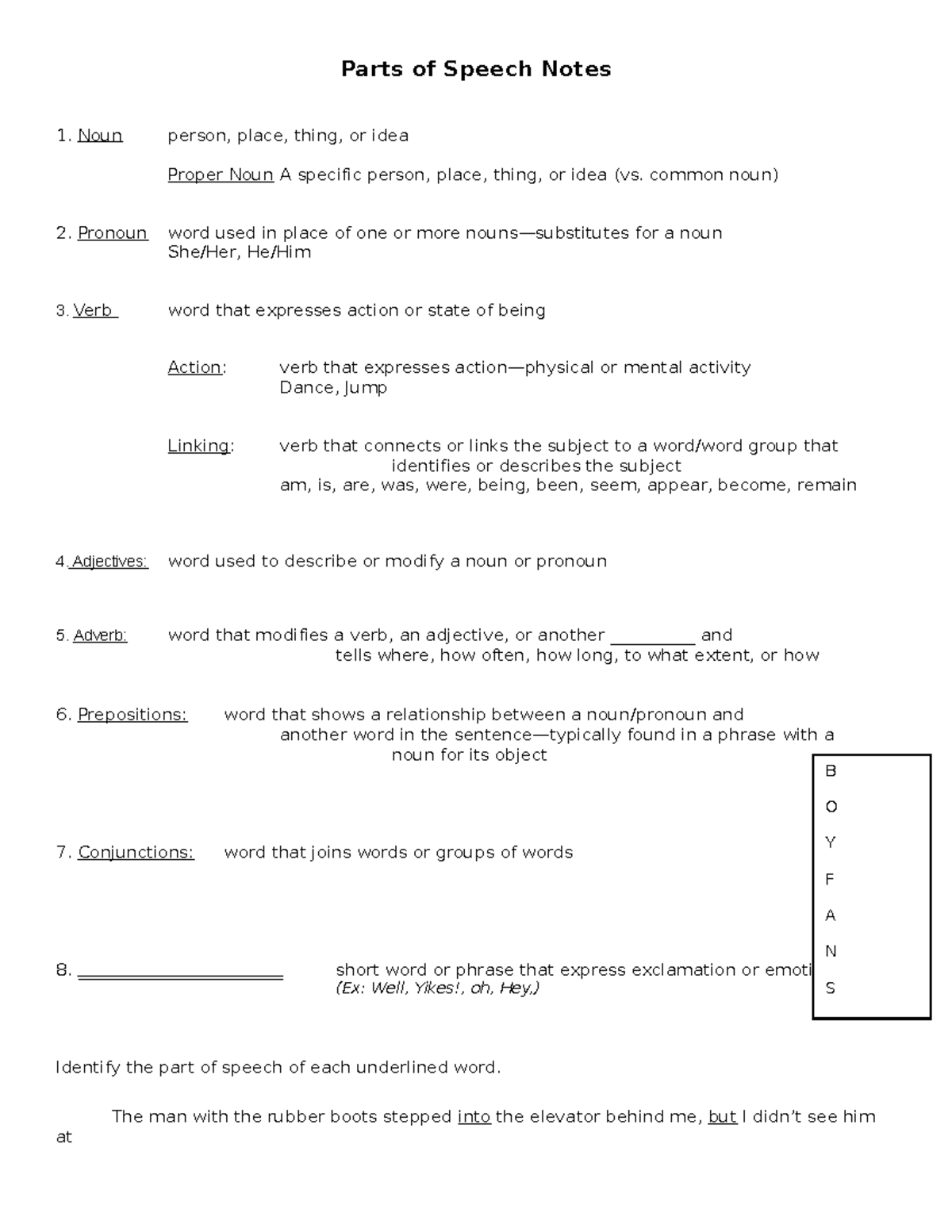 Parts of Speech Student Notes - Parts of Speech Notes Noun person ...