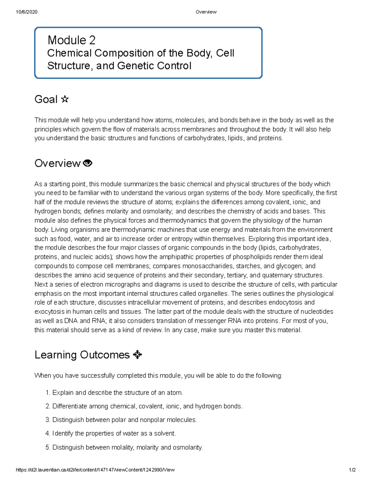 Module 2 Overview - BIOL 2701EL 12 - Human Physiology (2020F) - 10/6 ...