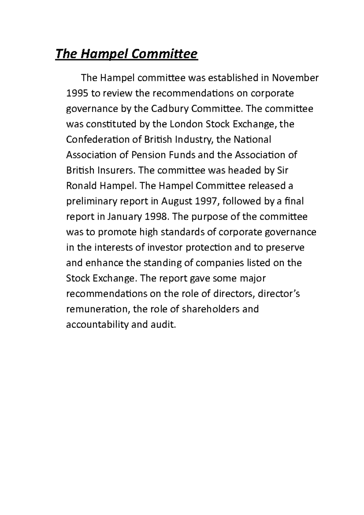The Hampel Committee - The committee was constituted by the London ...