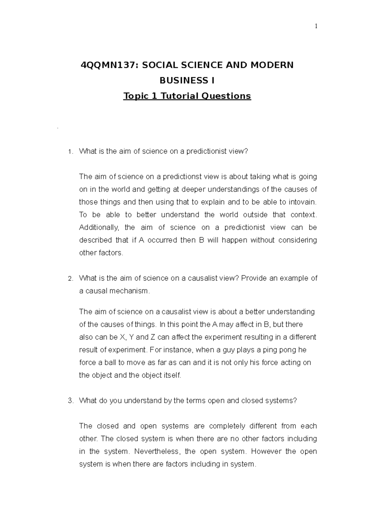 4QQMN137 Topic 1 Tutorial Questions - 4QQMN137: SOCIAL SCIENCE AND ...