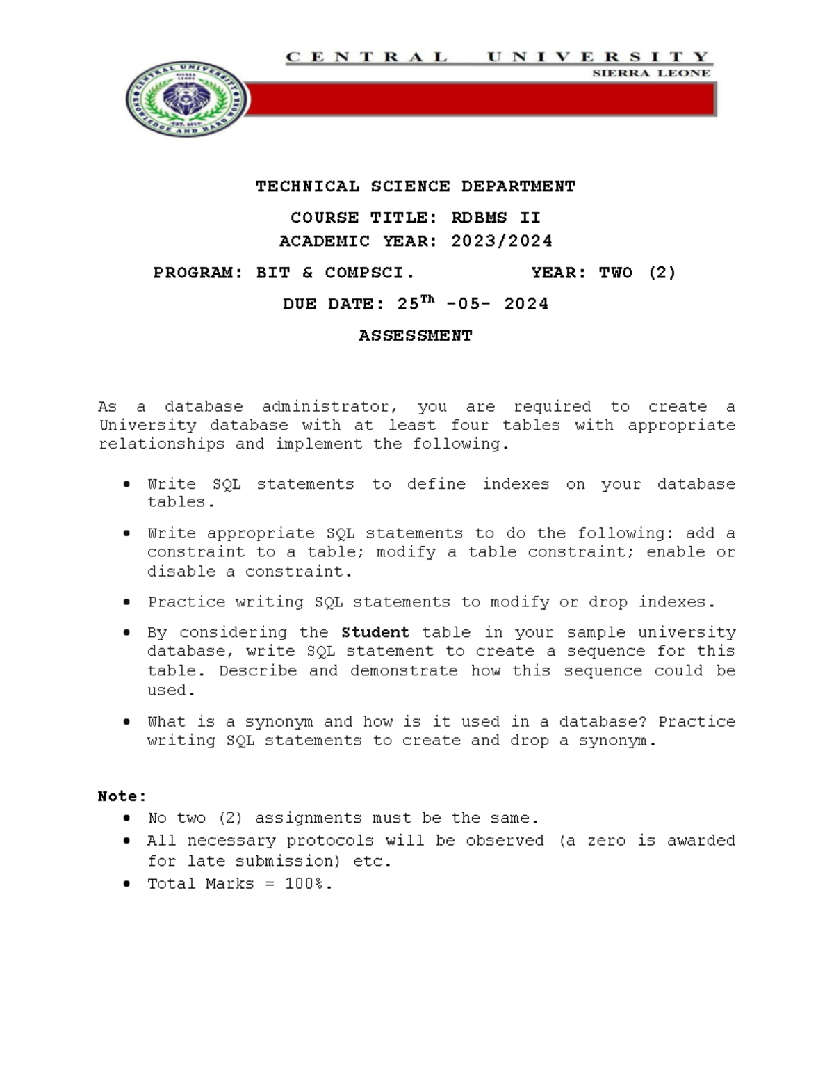 Rdbms II Assign - practical example - TECHNICAL SCIENCE DEPARTMENT COURSE TITLE: RDBMS II ...