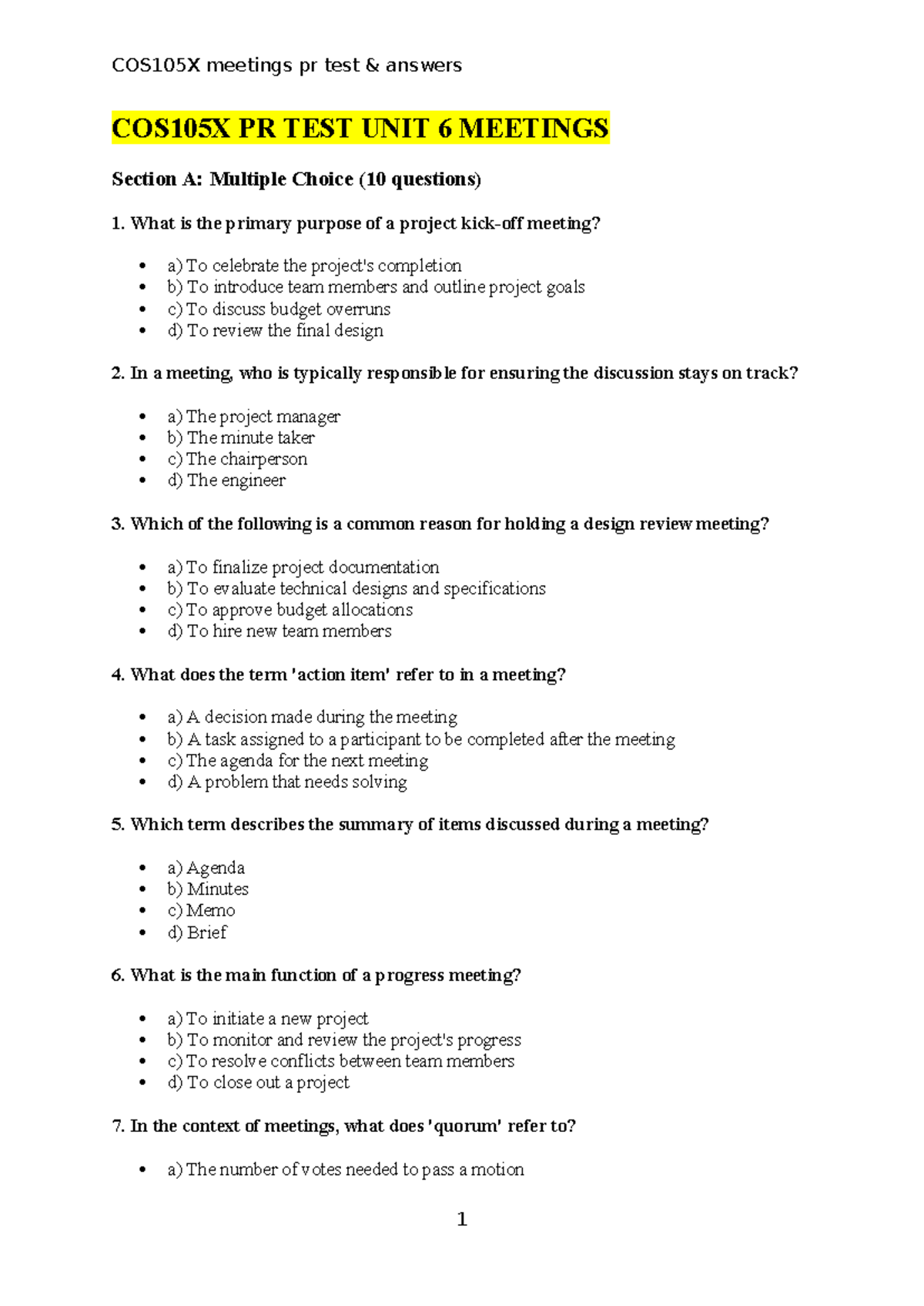 COS105X Meetings 20-MARK TEST August 2024 Classtime - COS105X PR TEST ...