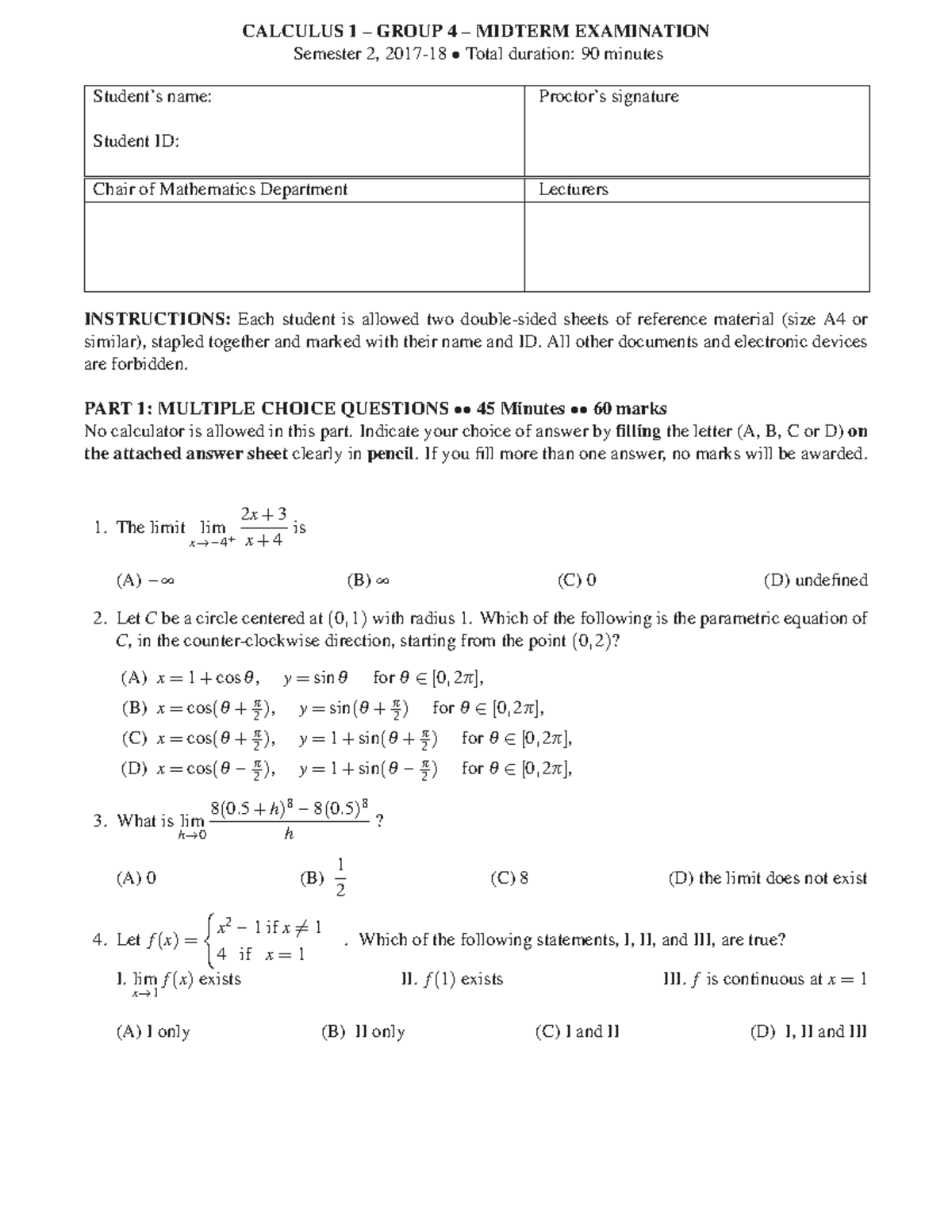 Cal1mid 17-18 - This is the previous midterm examination! - CALCULUS 1 ...